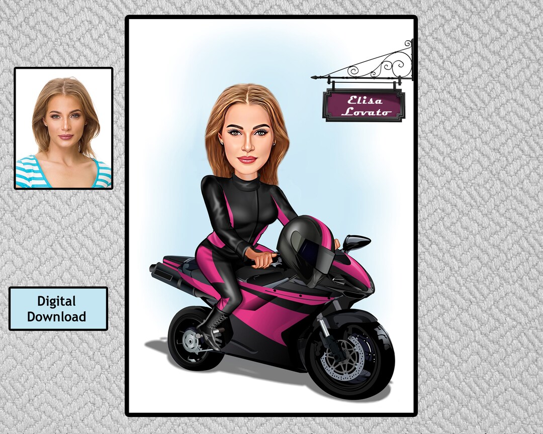 Personalized Biker Drawing / Woman Biker Cartoon Drawing / Woman Biker ...