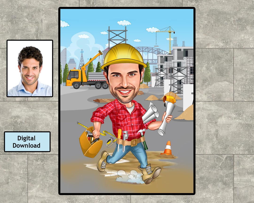 Custom Construction Cartoon Portrait: Personalized Caricature Gift ...