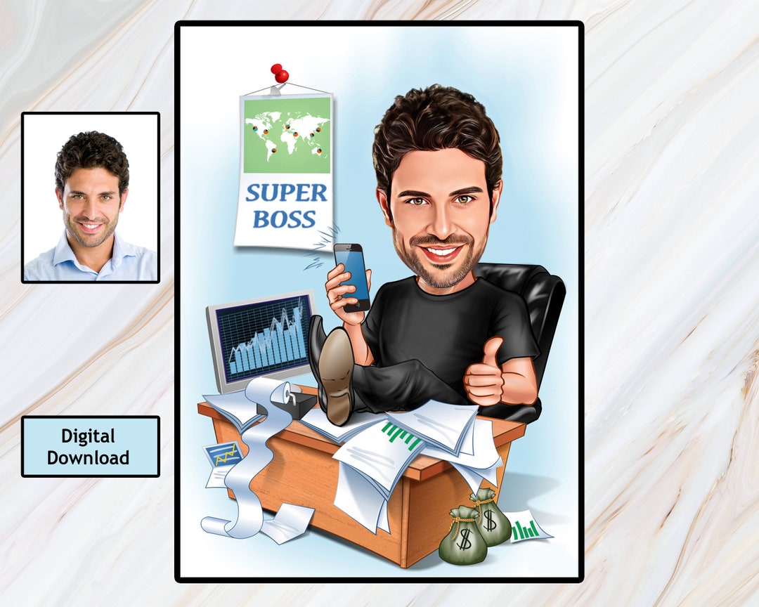 Custom Super Boss Cartoon Portrait: Personalized Caricature Gift ...