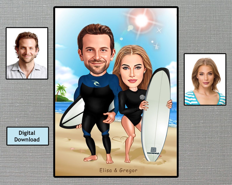 Surfer Custom Portrait Printable Surfer Cartoon Couple - Etsy