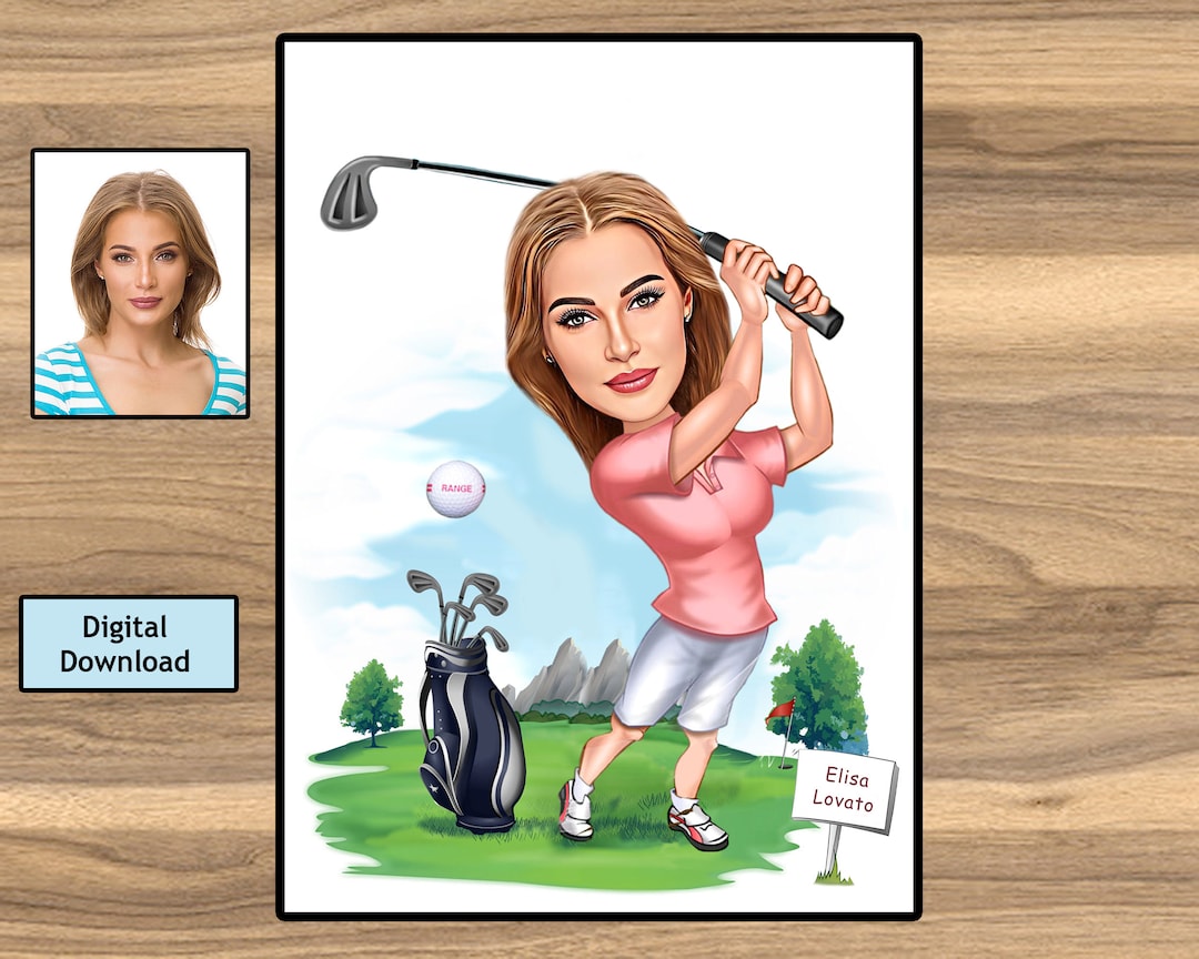 Personalized Female Golfer Caricature: Custom Cartoon Portrait (digital ...