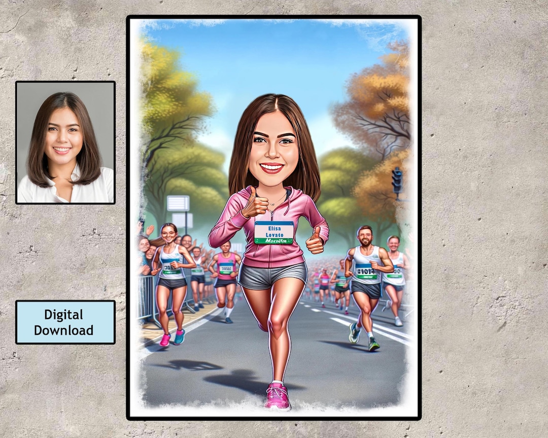Custom Female Runner Cartoon Portrait: Marathon Caricature (digital ...