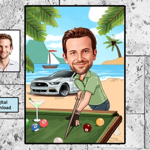 Pool Player Gift, Custom Caricature Portrait From Photo, Billiards ...