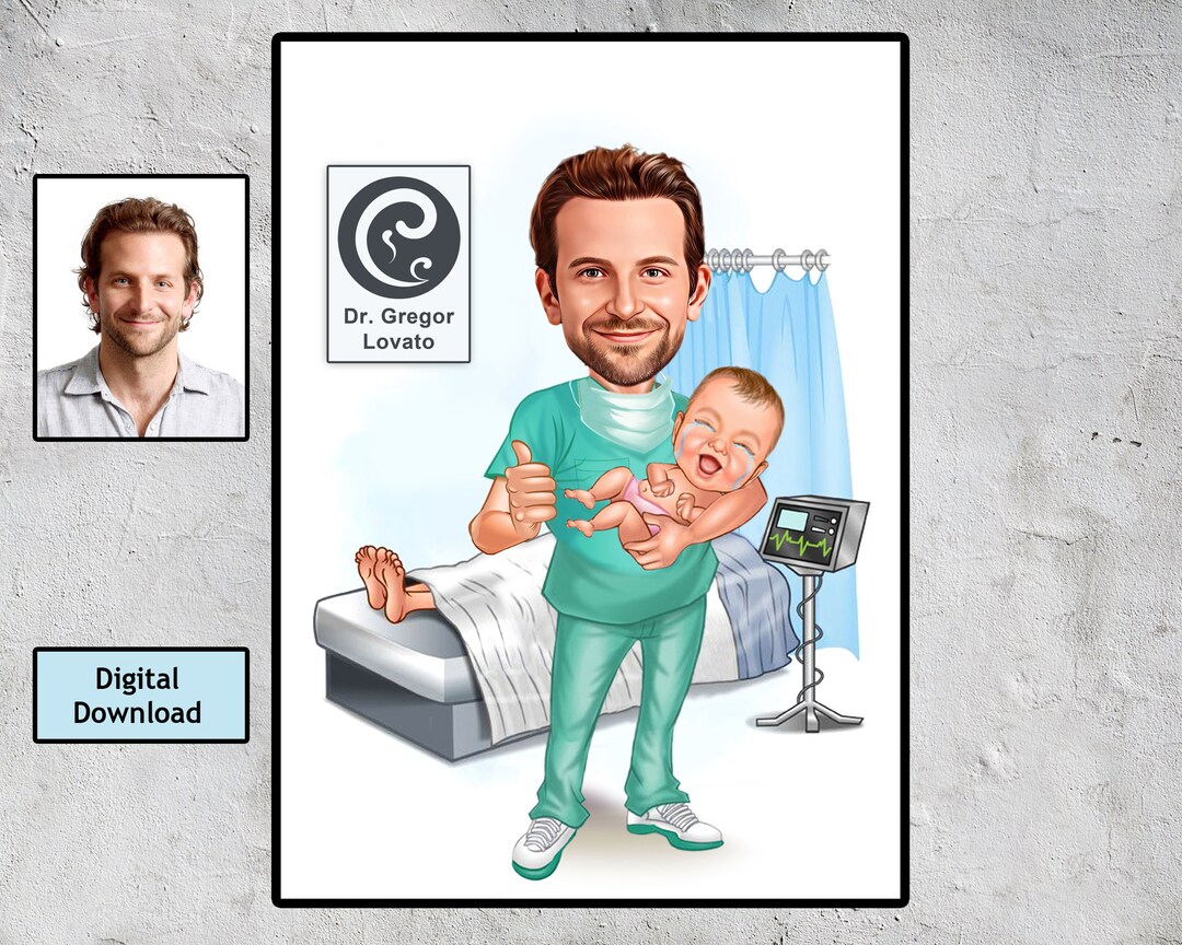 Custom Obstetrician Cartoon Portrait: Unique Doctor Gift (digital ...