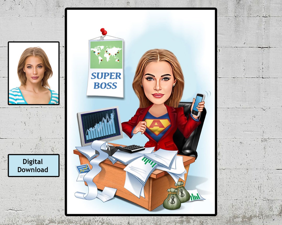 Custom Female Super Boss Cartoon Portrait, Boss Portrait, Gifts for ...