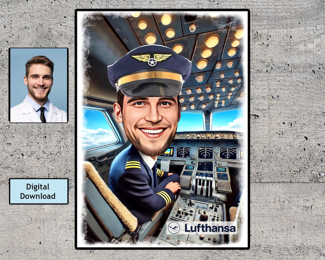 Cartoon Pilot Portrait: Personalized Aviation Gift (digital Download A3 ...