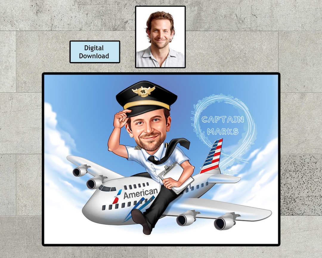 Custom Cartoon Pilot Portrait: Personalized Aviation Gift (digital ...