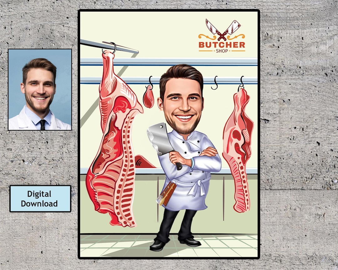 Butcher Gift - Custom Caricature, Custom Butcher Cartoon Portrait ...