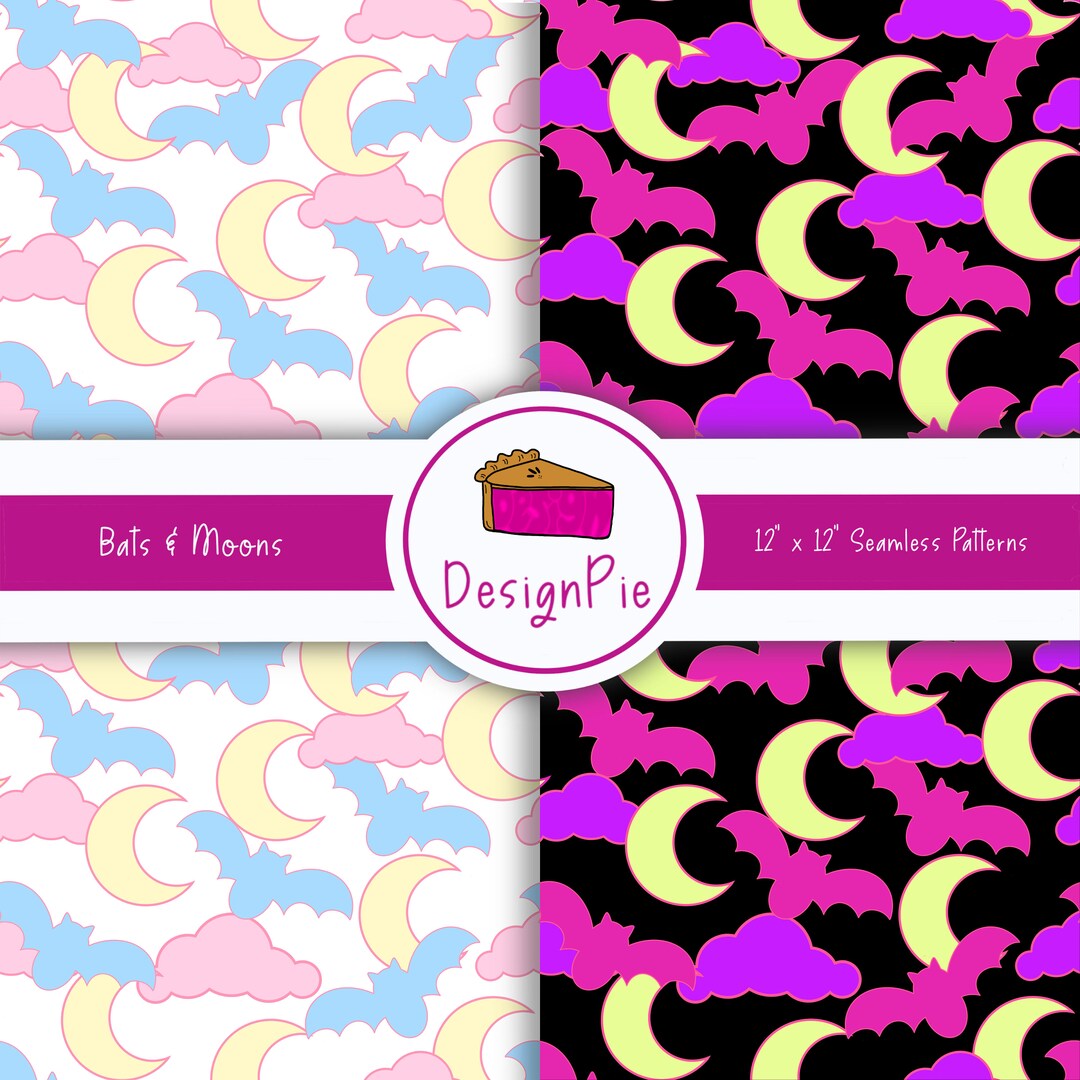 Pastel & Neon Bats and Moons Halloween Seamless Pattern Digital Pattern ...