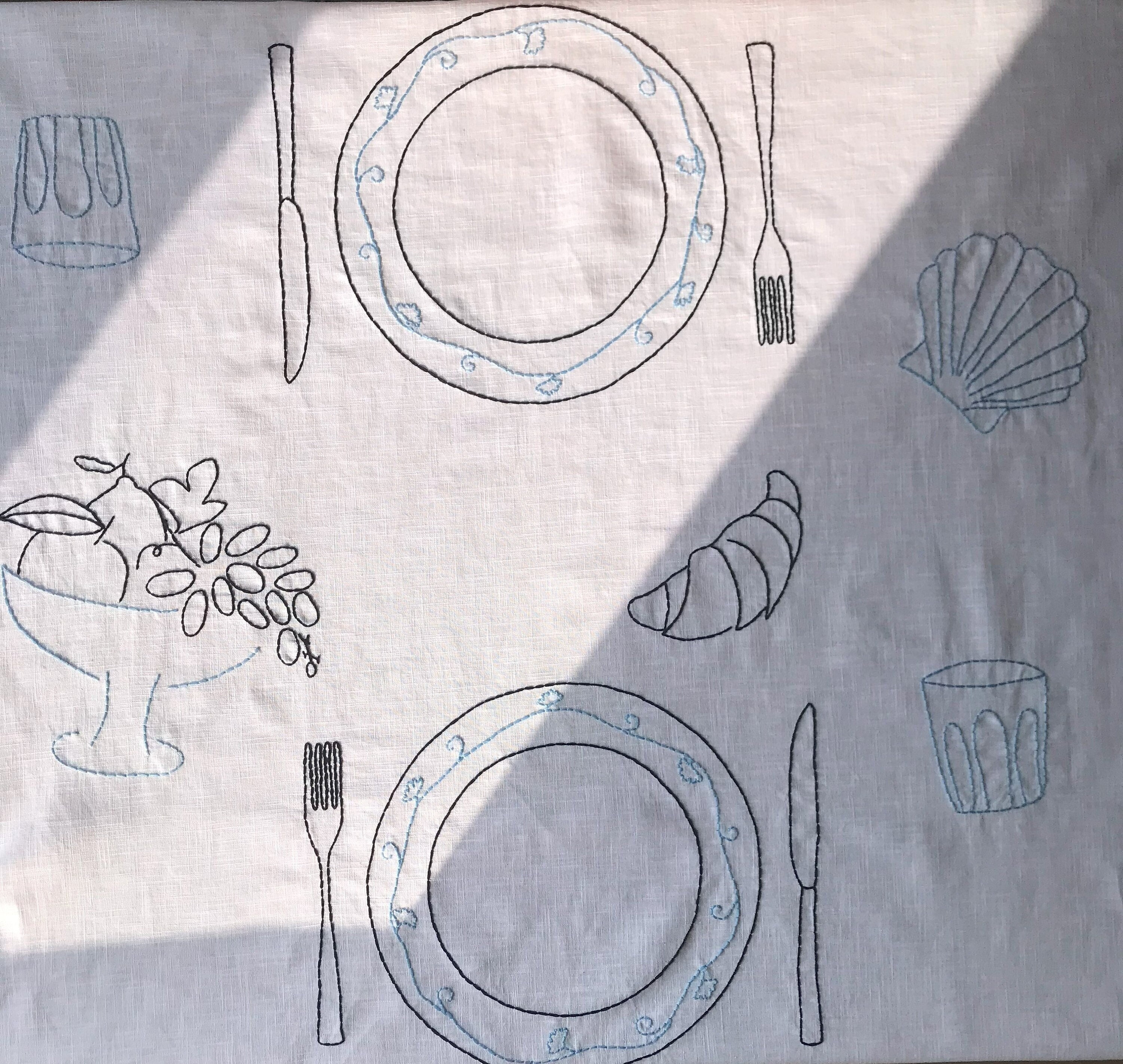 Hand-embroider Breakfast Linen Table Runner With 2 Plates Decorated ...