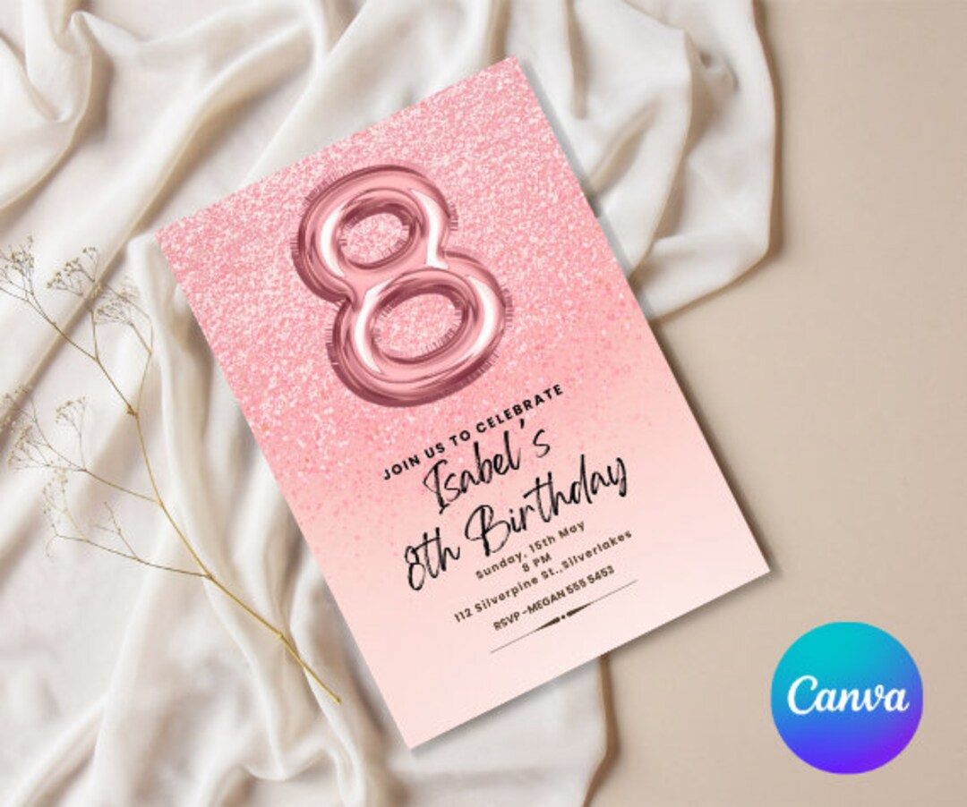 Editable Pink 8th Birthday Invitation Template Glitter Birthday Party ...