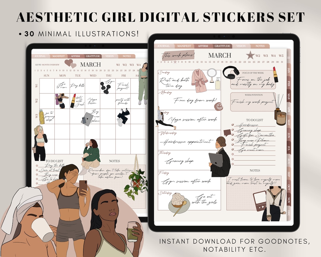 Aesthetic Girl Digital Stickers, Minimal Clipart, Women Icons, Digital ...