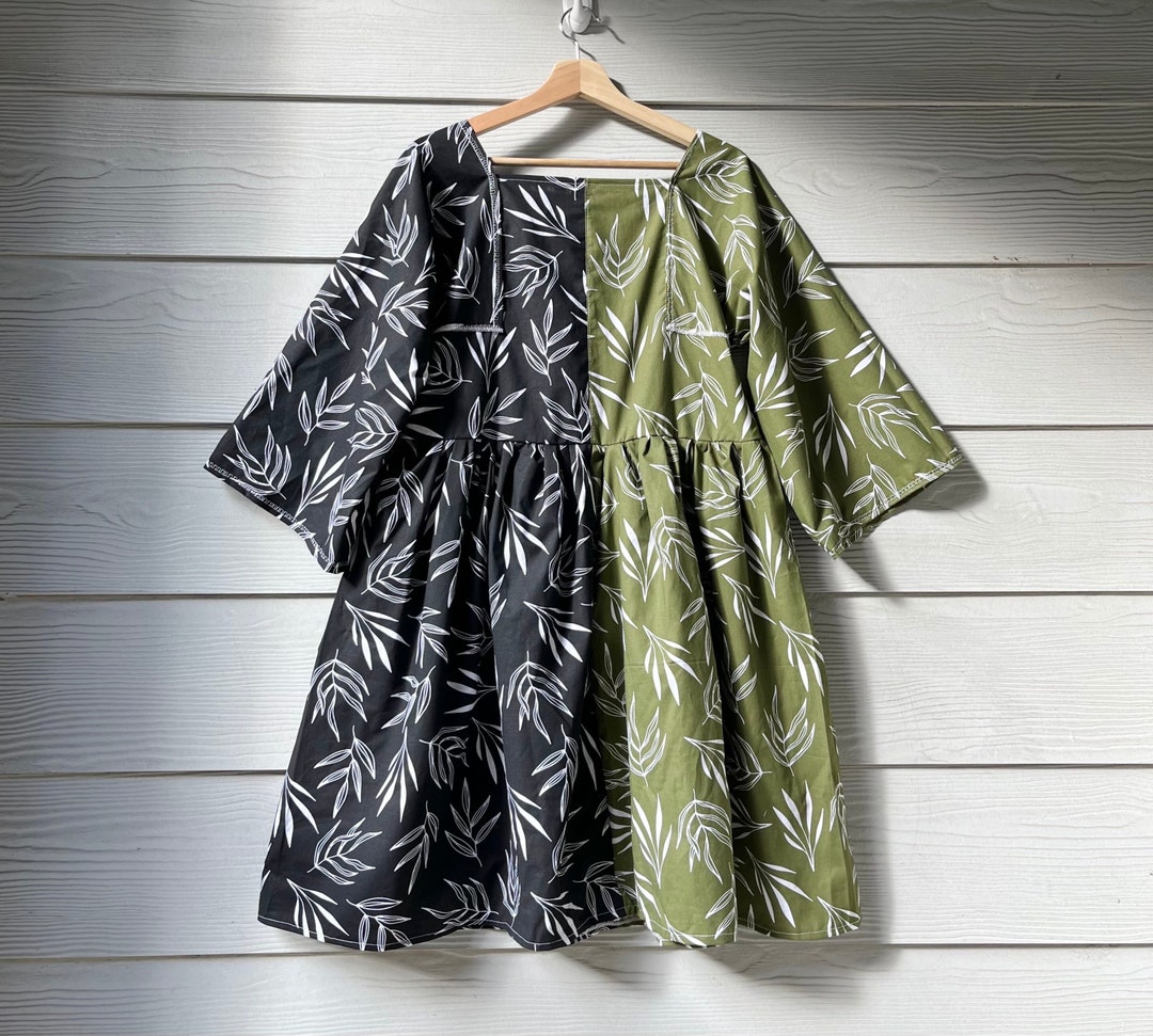 Handmade Large Ferns Leaves Half and Half Split Dress SKU 07064 Black ...