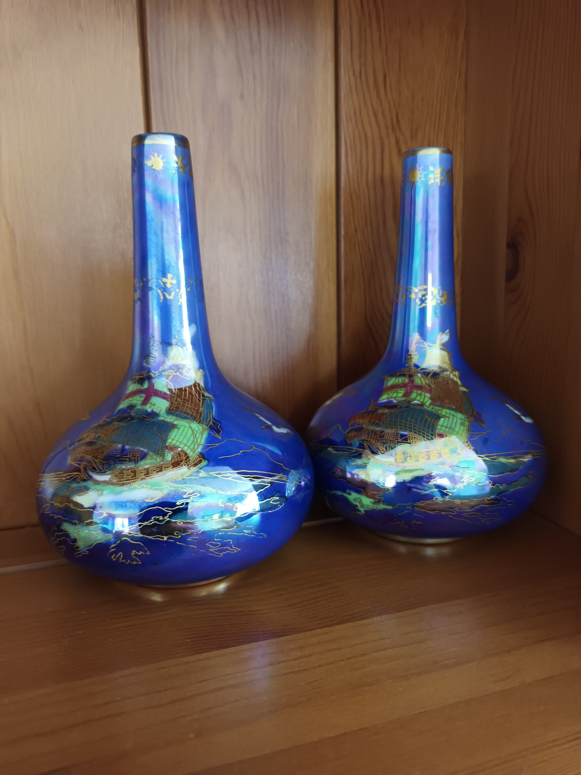 Antique Pair of Crown Devon Fieldings Lustrine Vases Galleon Pattern ...