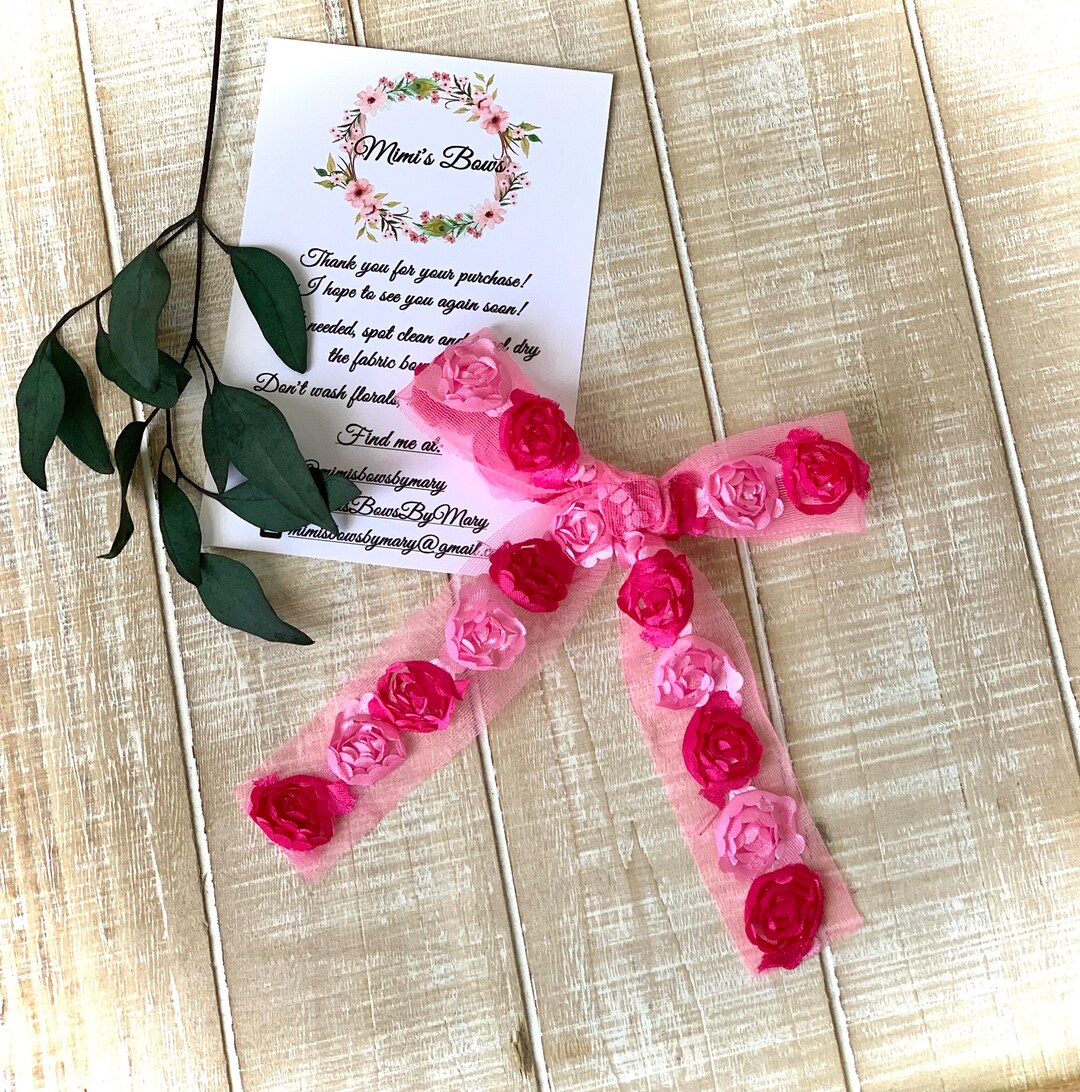 Hair Bow With Roses, Long Tail Hair Bow, Pink Rose Hair Bow, Flower ...