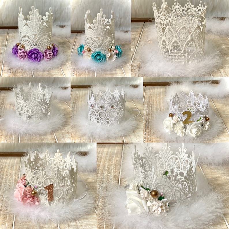 Birthday Crown, White Lace Crown, Crown W/flowers, Tiara, Cake Smash ...