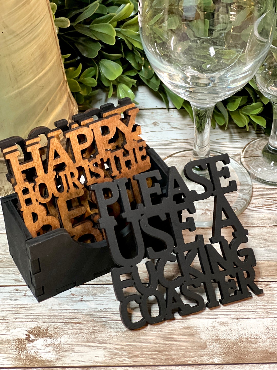 Wood Funny Quote Coasters With Coaster Holder, Home Bar Coaster Set ...