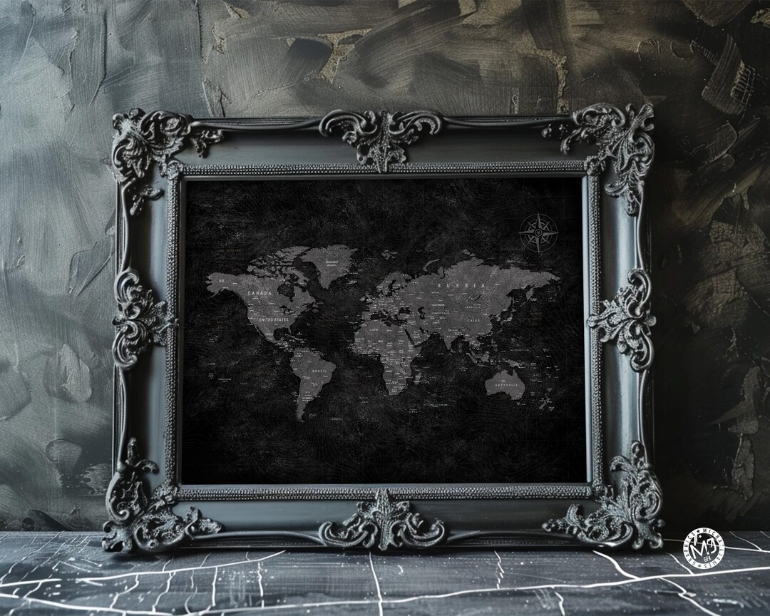 Black Stone Theme Printable World Map, Digital Download Map, World Wall ...