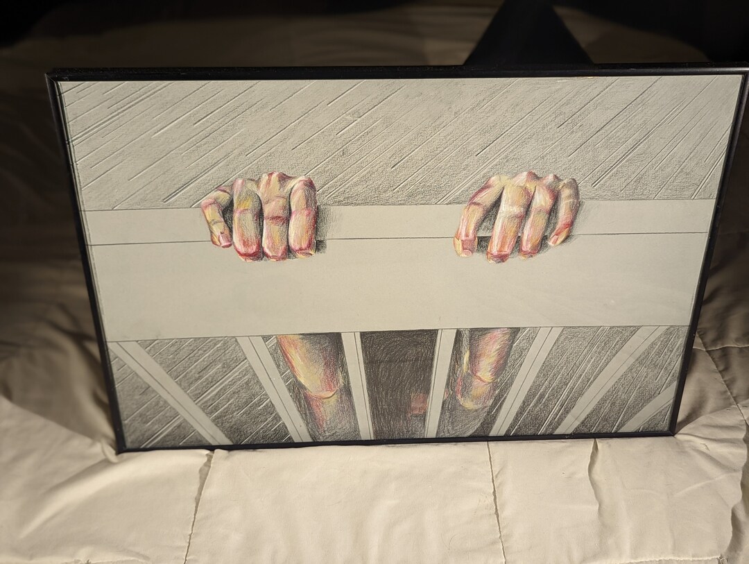 Large Framed Horror Themed Artwork. Detailed Colored Pencil Drawing of ...