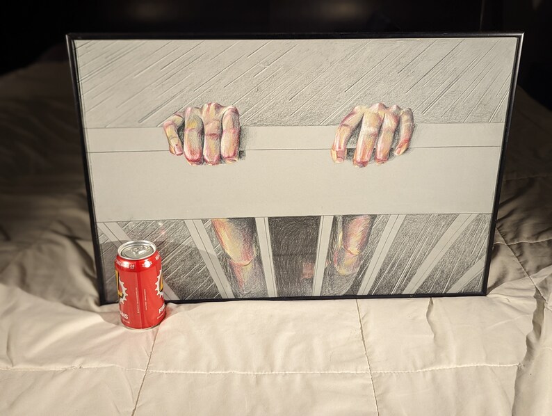 Large Framed Horror Themed Artwork. Detailed Colored Pencil Drawing of ...