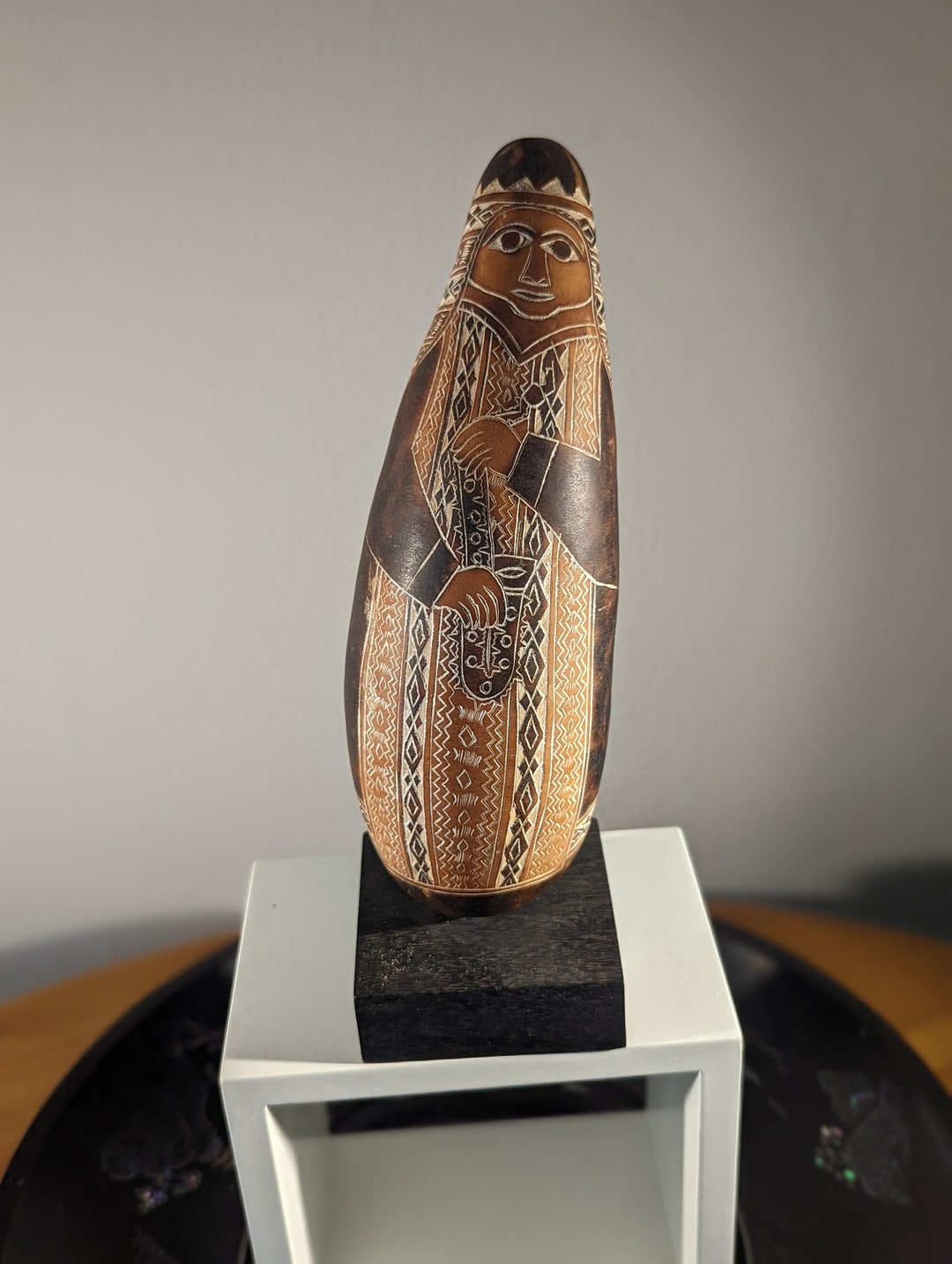 Peruvian Carved Gourd Art of Saxophone Player. Small Carving Statue ...