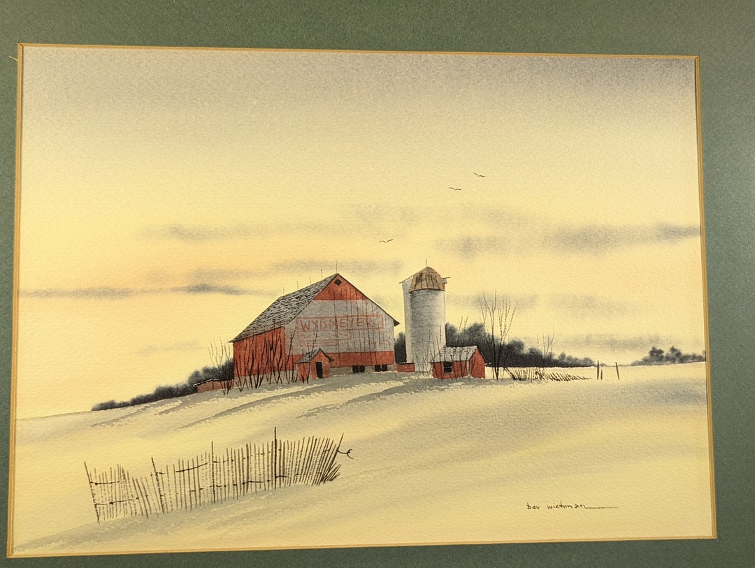 Snow Covered Midwestern Farm Landscape Scenery With Large Red Barn and ...