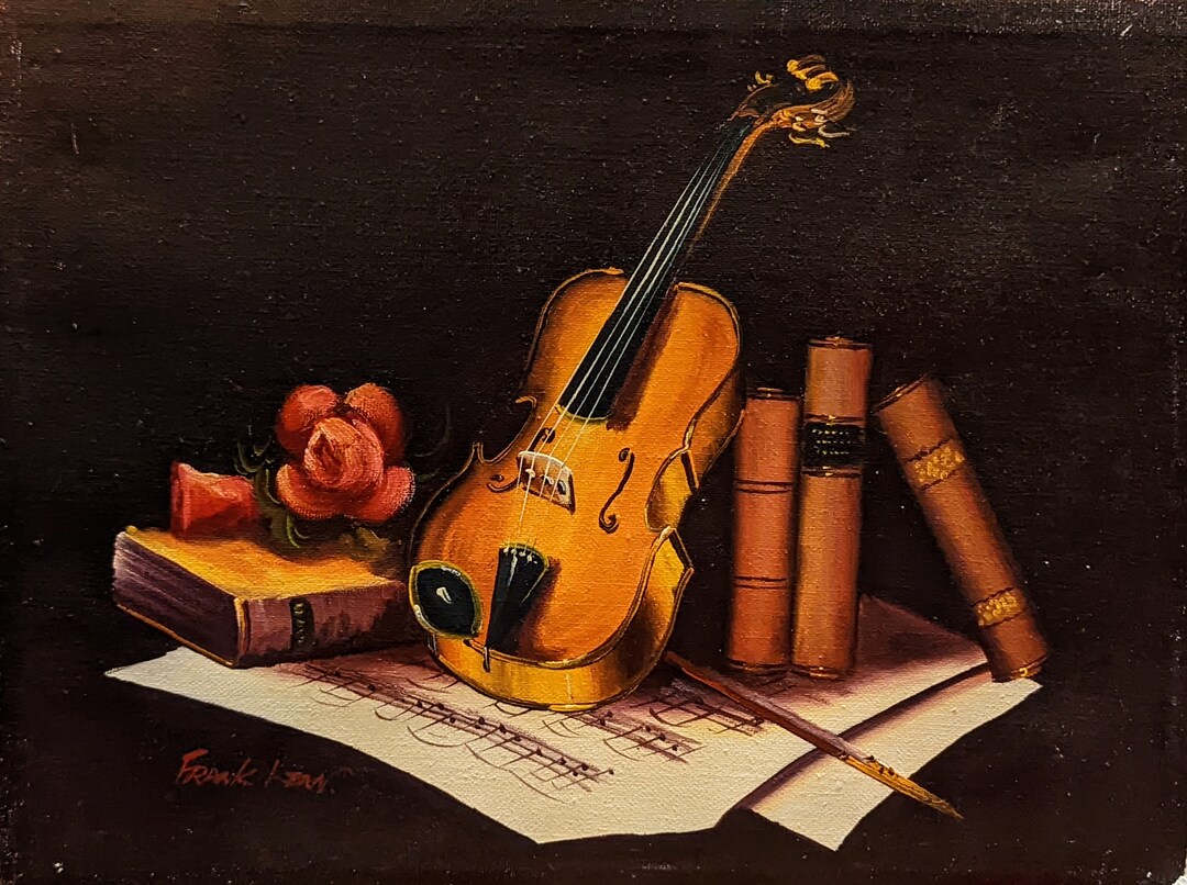 FINE ART Frank Lean Signed Original Oil Painting of Violin on Canvas ...