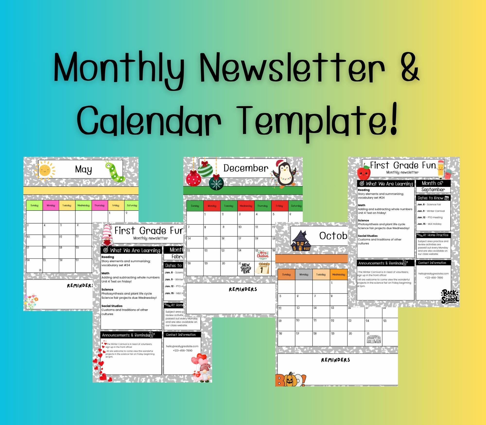 Editable Teacher Newsletter & Calendar Template | Canva | Monthly ...