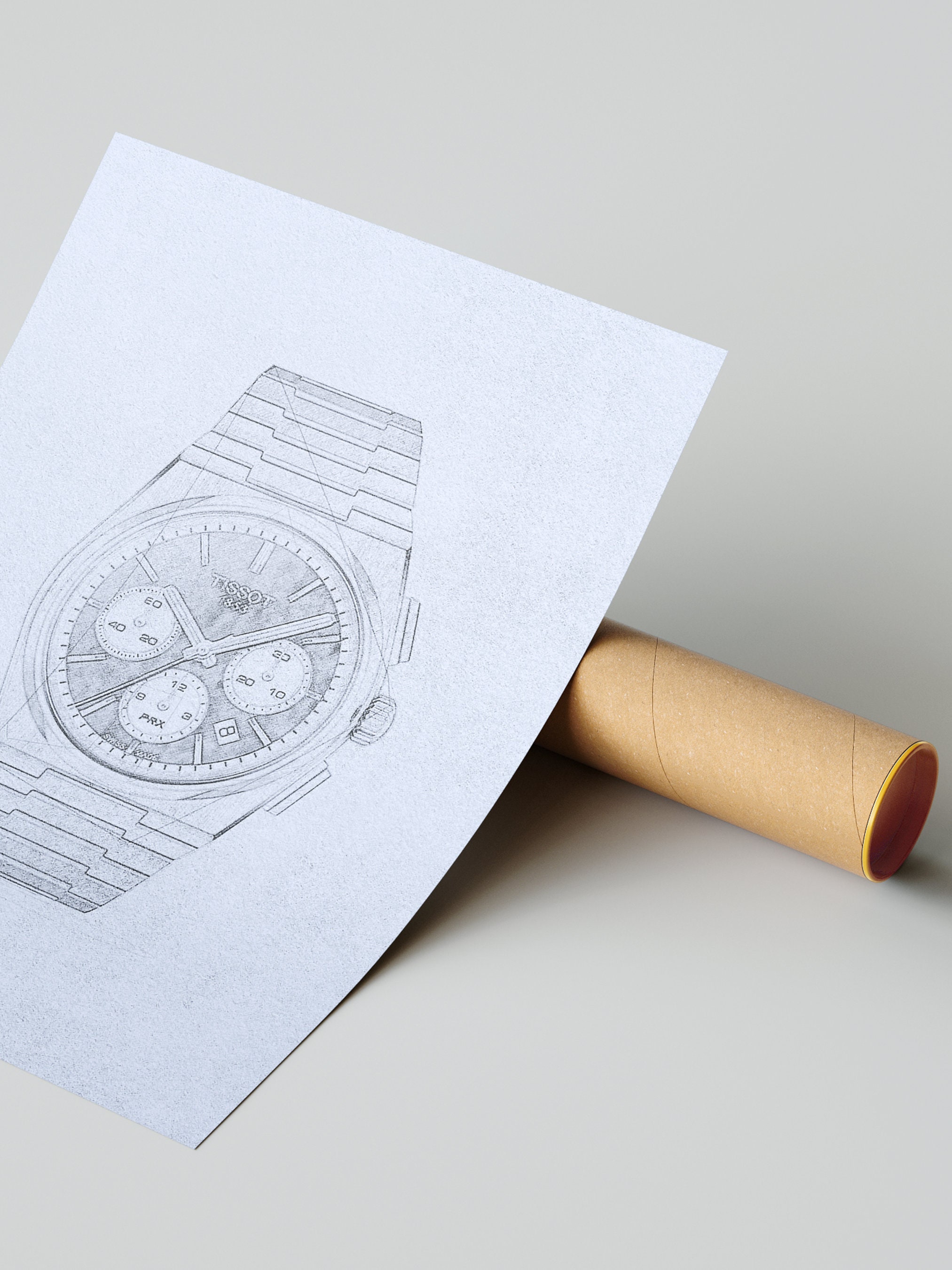Tissot PRX Chronograph Blue Watch Poster Print Technical Pencil Drawing ...