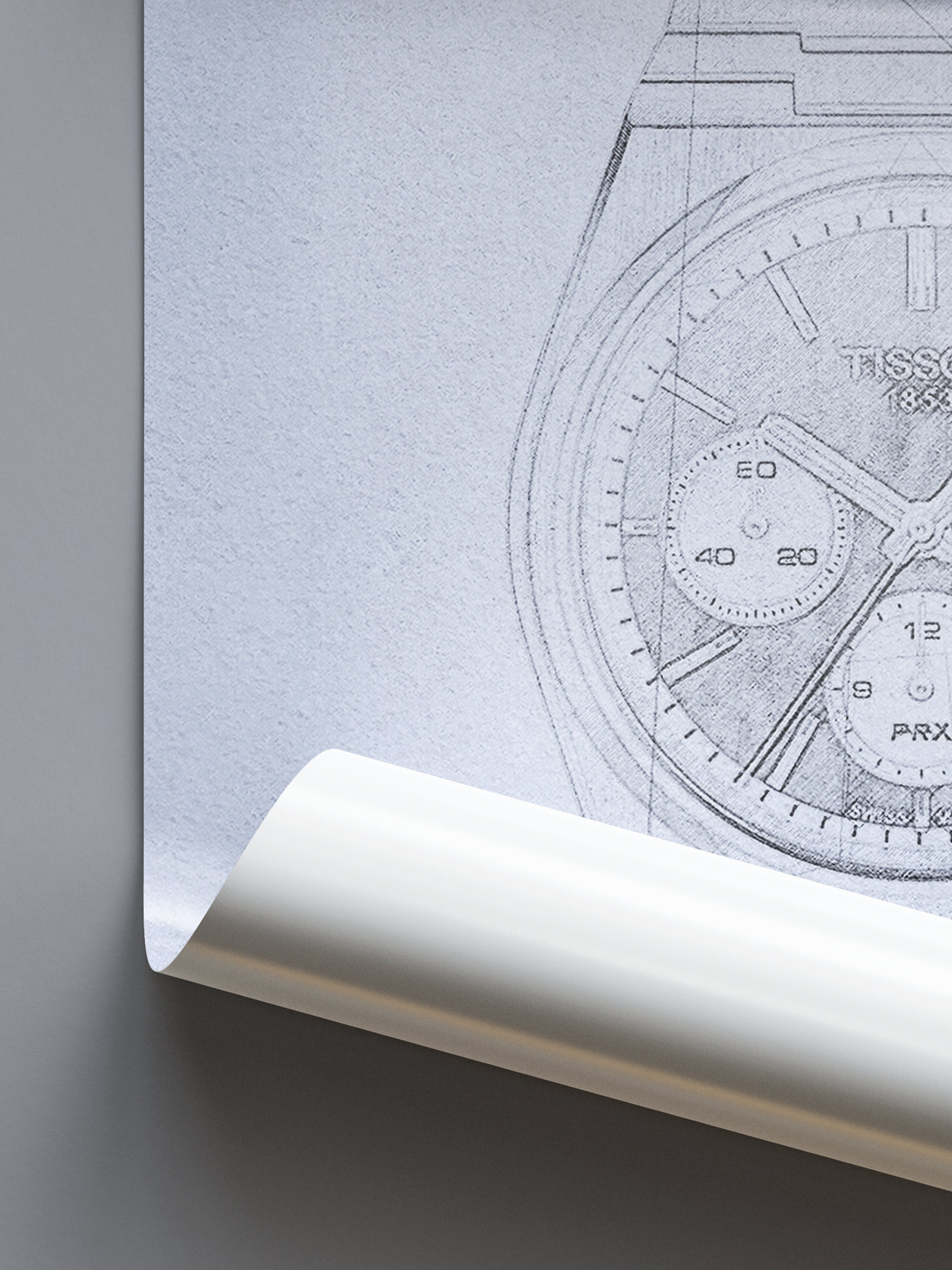Tissot PRX Chronograph Blue Watch Poster Print Technical Pencil Drawing ...