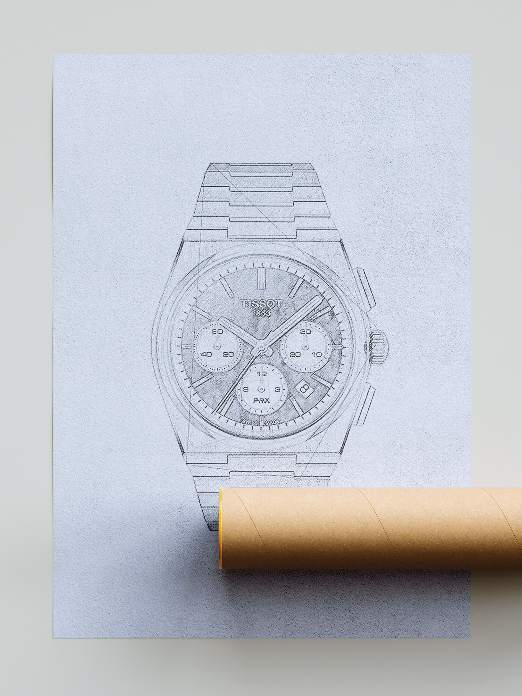 Tissot PRX Chronograph Blue Watch Poster Print Technical Pencil Drawing ...