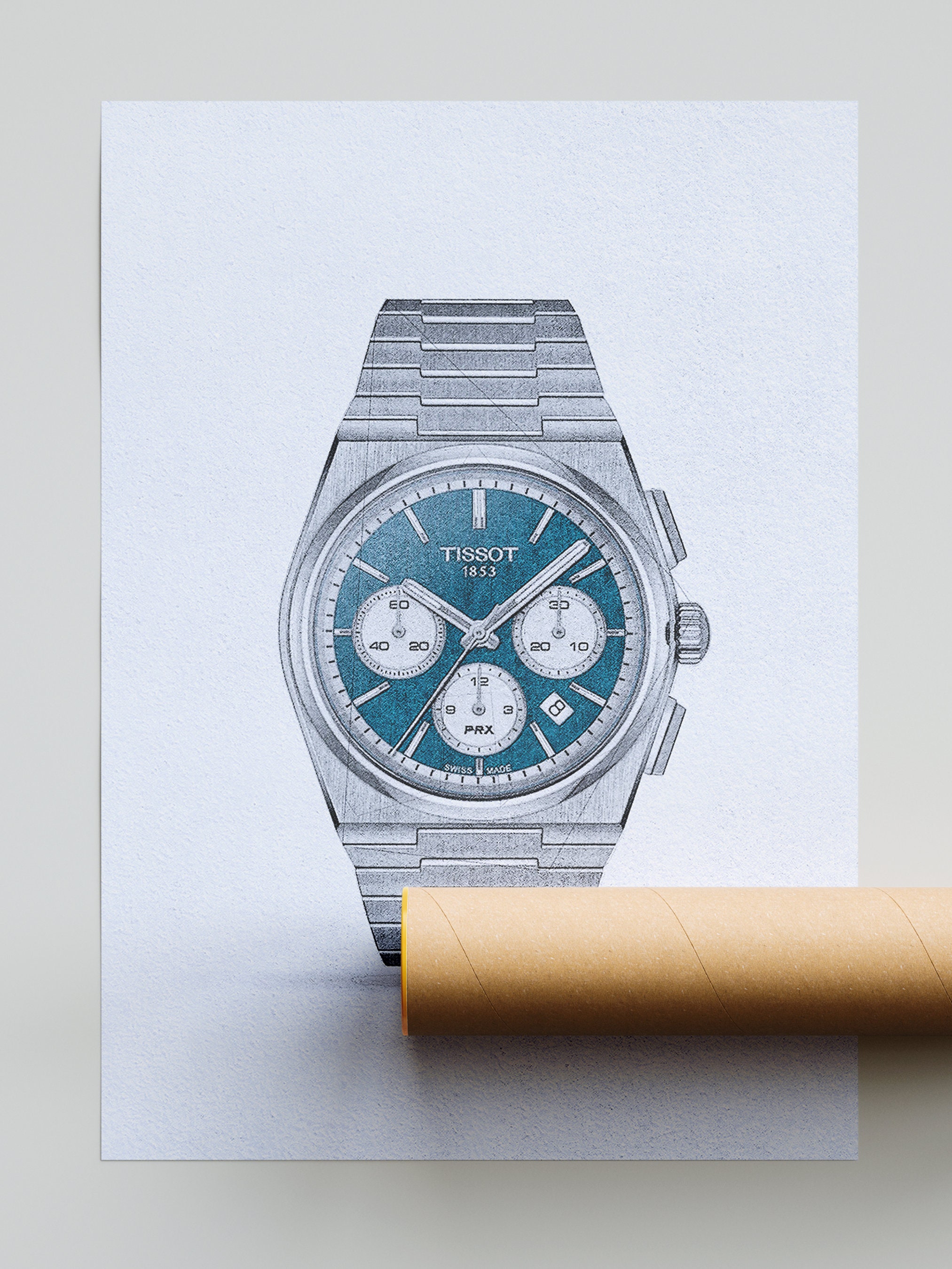 Tissot PRX Chronograph Blue Watch Poster Print Technical Pencil Drawing ...