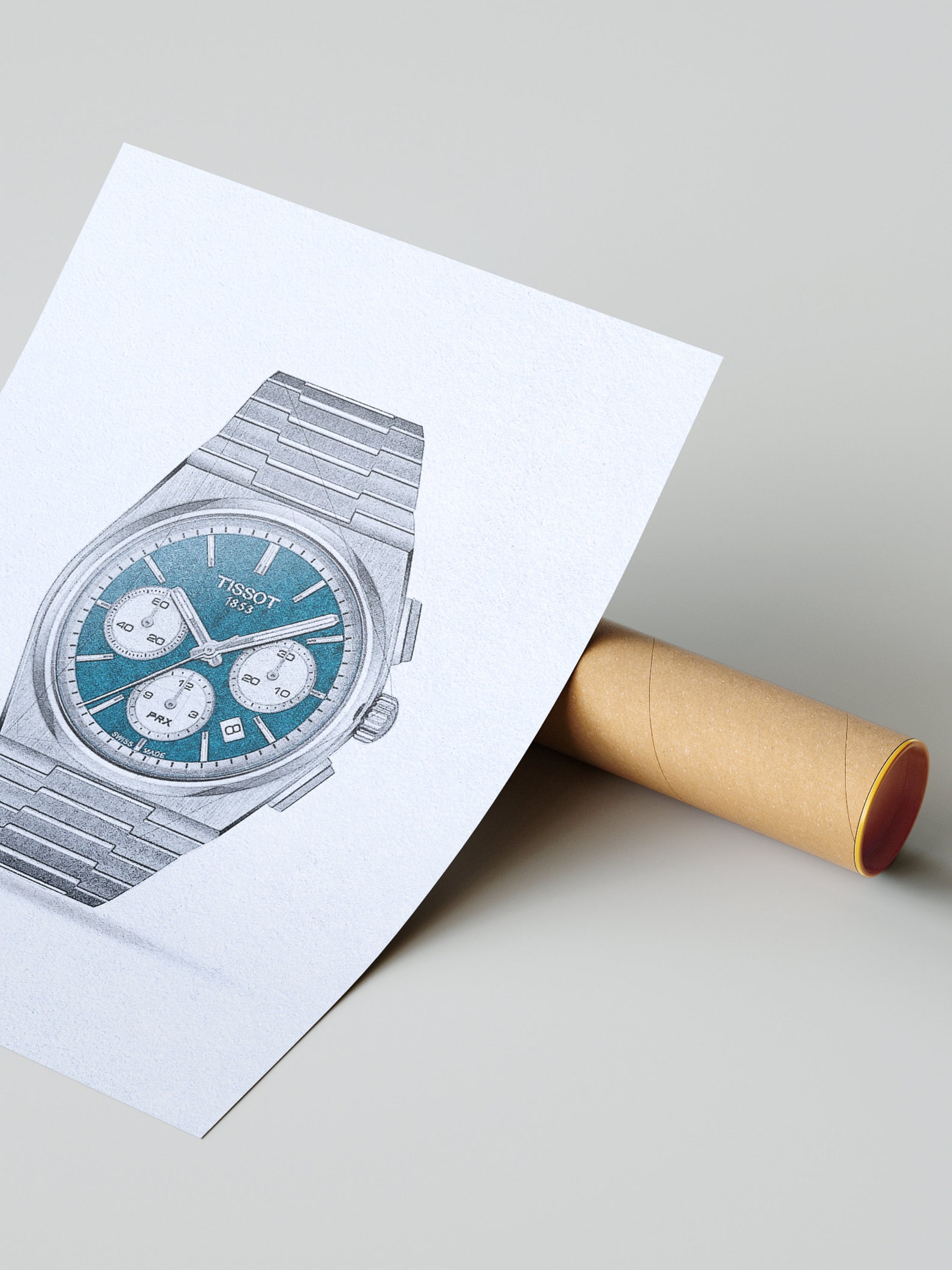 Tissot PRX Chronograph Blue Watch Poster Print Technical Pencil Drawing ...