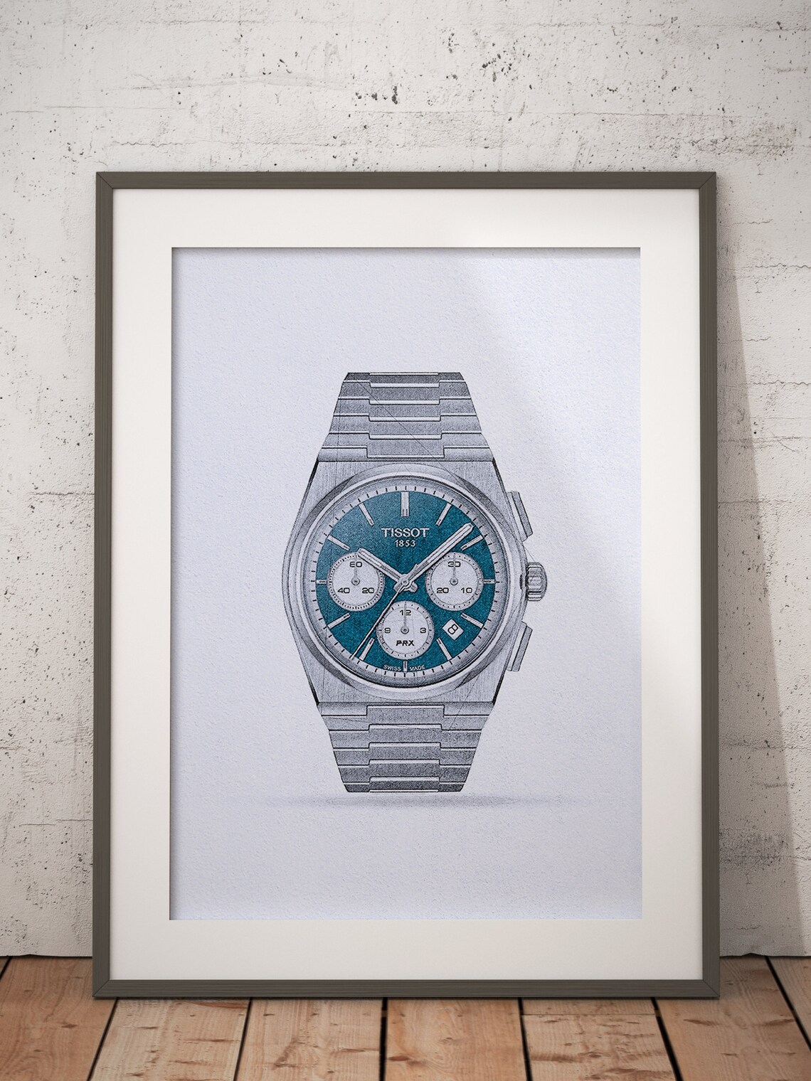 Tissot PRX Chronograph Blue Watch Poster Print Technical Pencil Drawing ...