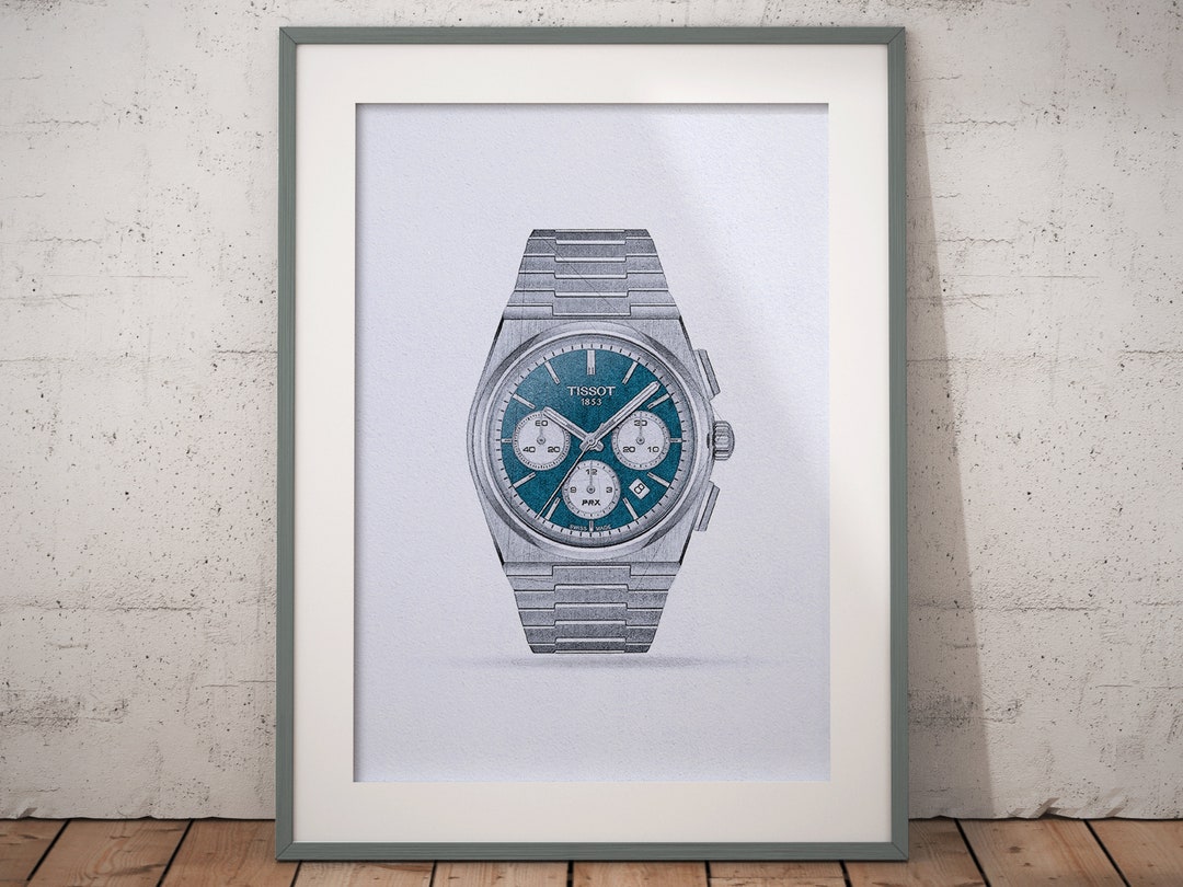 Tissot PRX Chronograph Blue Watch Poster Print Technical Pencil Drawing ...