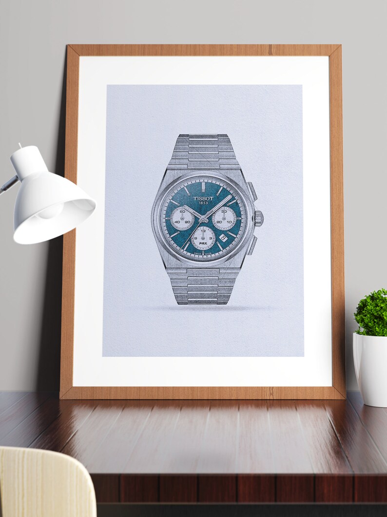Tissot PRX Chronograph Blue Watch Poster Print Technical Pencil Drawing ...
