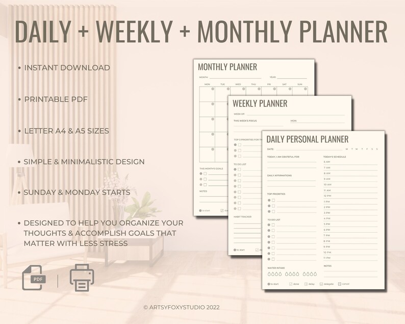 Printable Daily, Weekly, Monthly Planner Pages | Simple & Minimal ...
