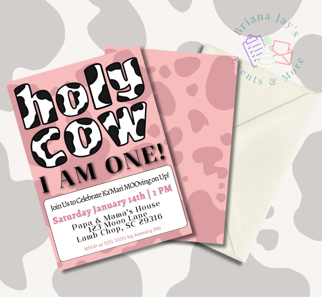 Holy Cow I Am One Invitation, Holy Cow Themed Party, Digital Card ...