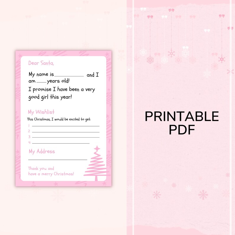 A4 Pink Girls Letter to Santa Printable | Santa Letter Instant Download ...