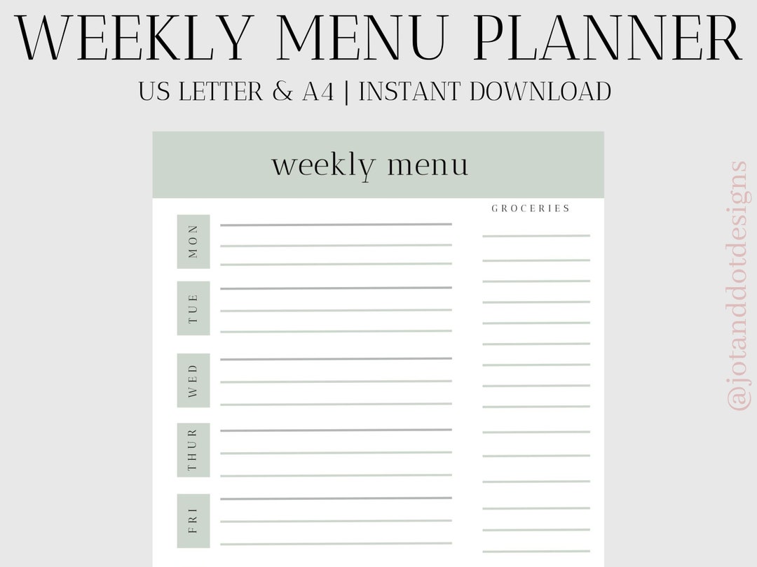 Weekly Menu Planner Template and Chart Grocery List Plan Meals Food ...
