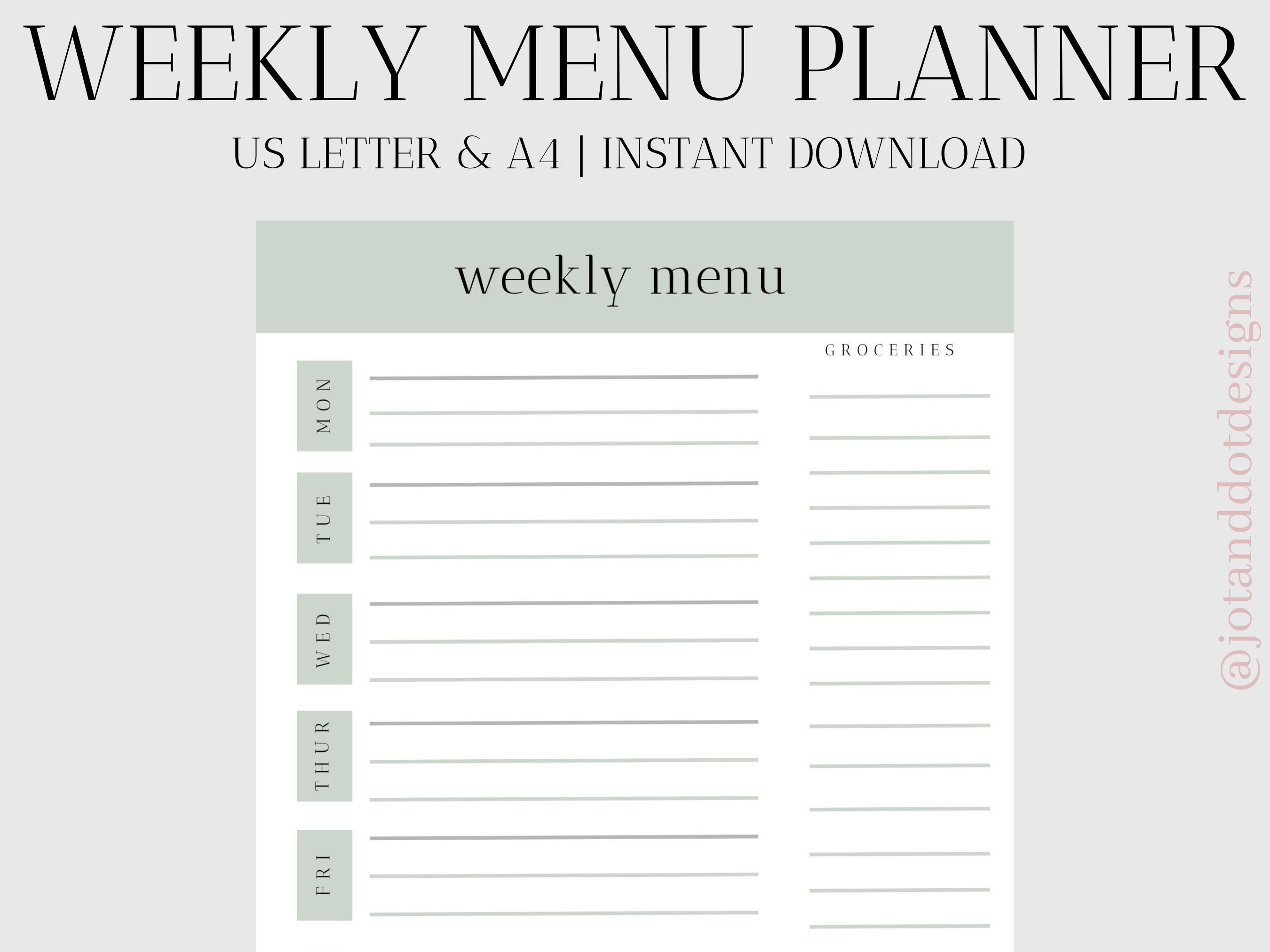 Weekly Menu Planner Template and Chart Grocery List Plan Meals Food Diary Instant Download ...