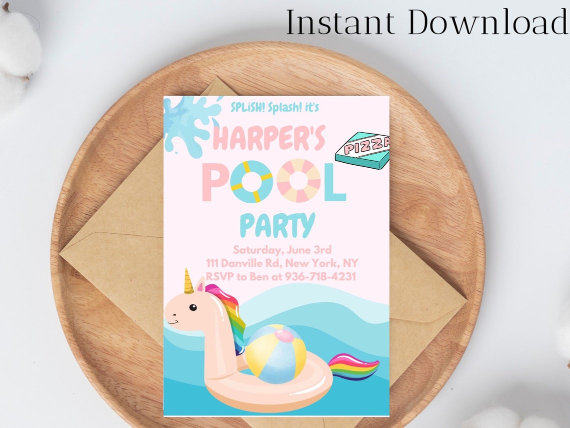 Printable Pizza and Pool Party Invitation for A Summer Celebration ...