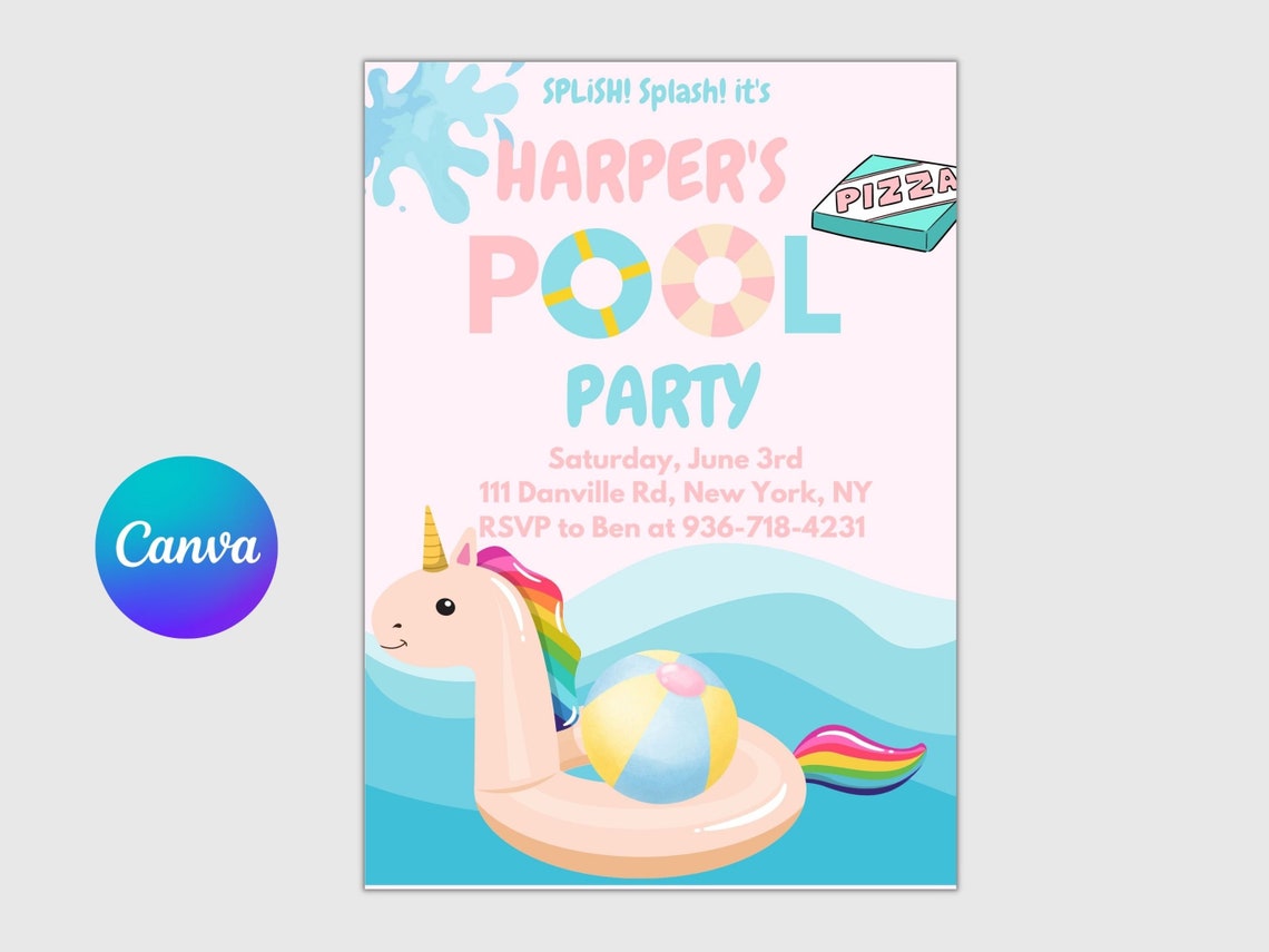Printable Pizza and Pool Party Invitation for A Summer Celebration ...