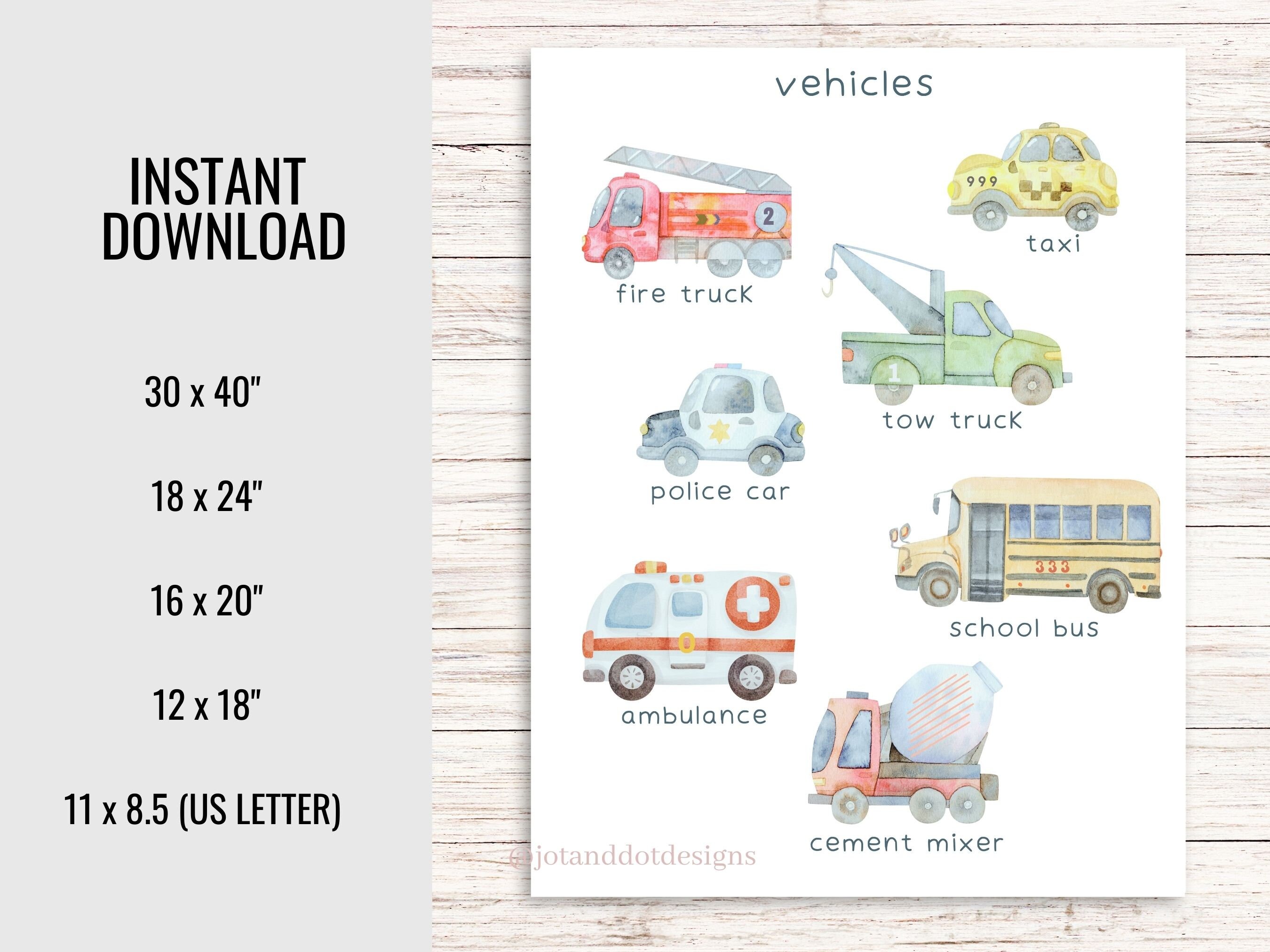 Instant Download Printable Vehicles Poster Boys Room Playroom Wall ...