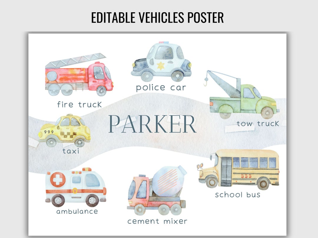 Printable Car Wall Art for Kids Customizable Transportation Playroom ...
