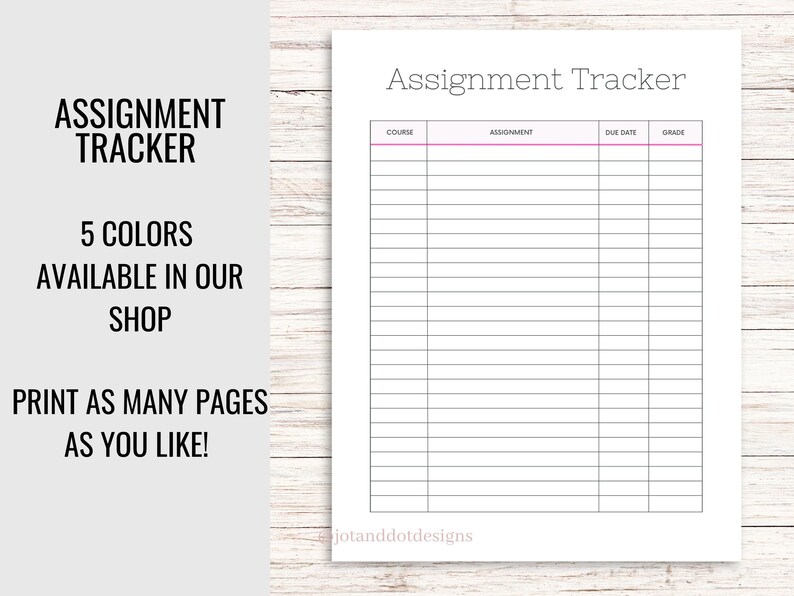 Pink Printable Assignment Tracker Homework Planner Weekly Grade Tracker ...