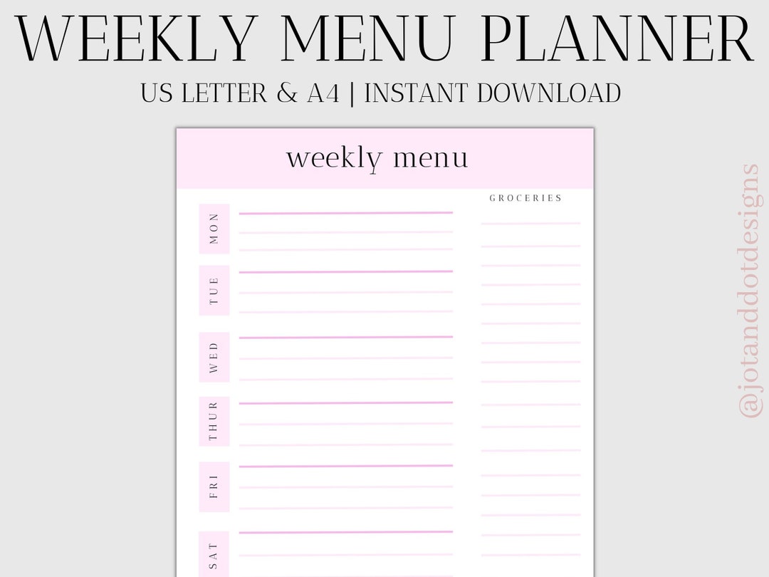 Weekly Menu Planner Template and Chart Grocery List Plan Meals Food ...
