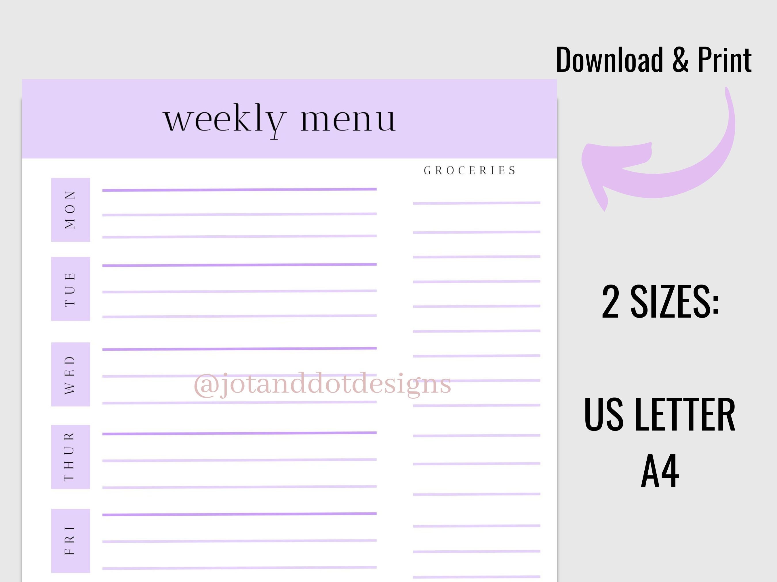 Weekly Menu Planner Template and Chart Grocery List Plan Meals Food ...