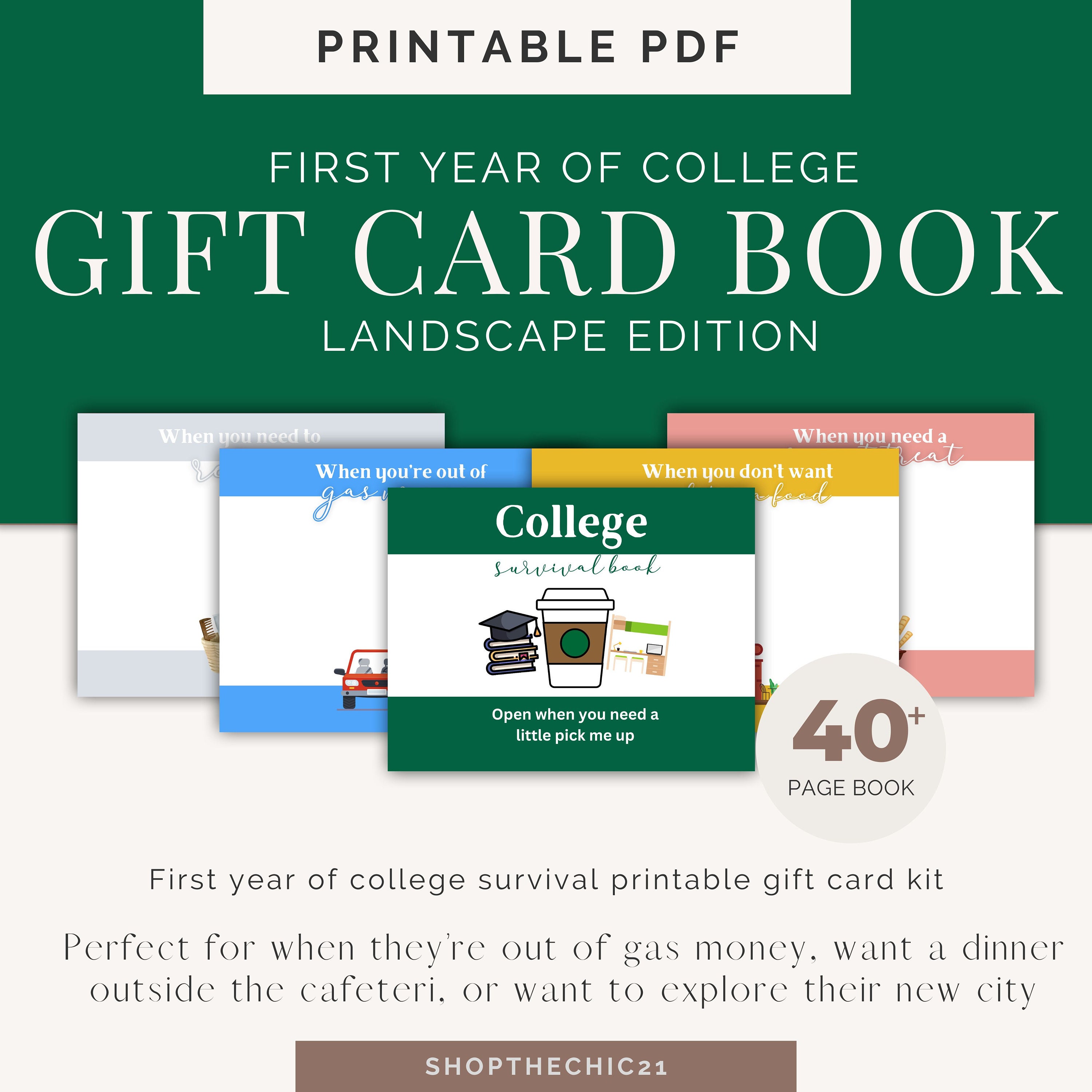 Printable College Gift Card Book Landscape, College Care Package ...