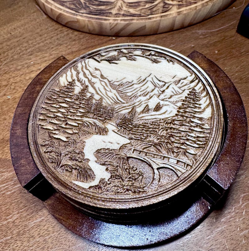 Round Wood Mountain Trees Coasters With Engraved Mountain River Forest ...